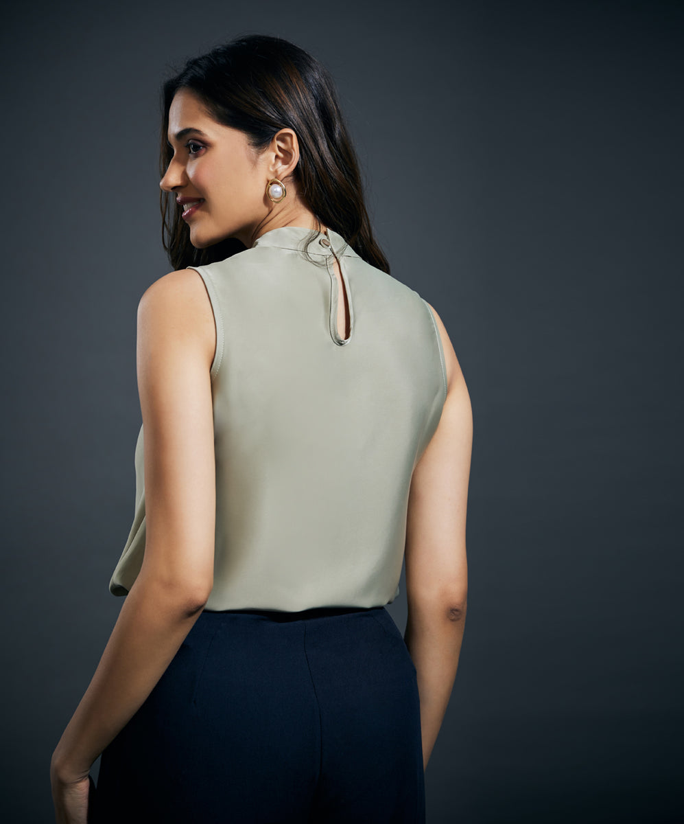 Solid Satin Shoulder Dropped Olive Top – Zigzag