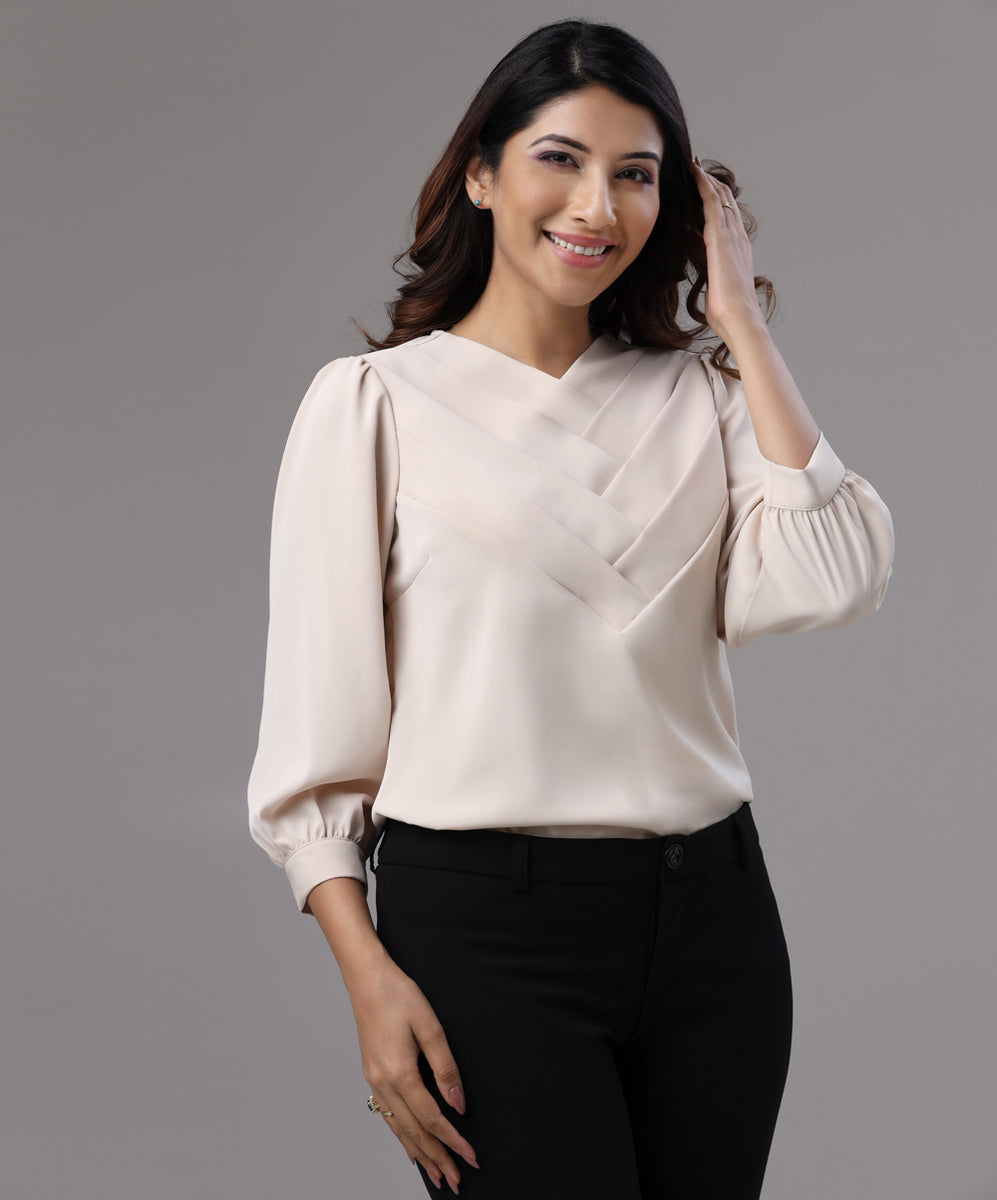 Front Side Pleated Cream Chiffon Top – Zigzag