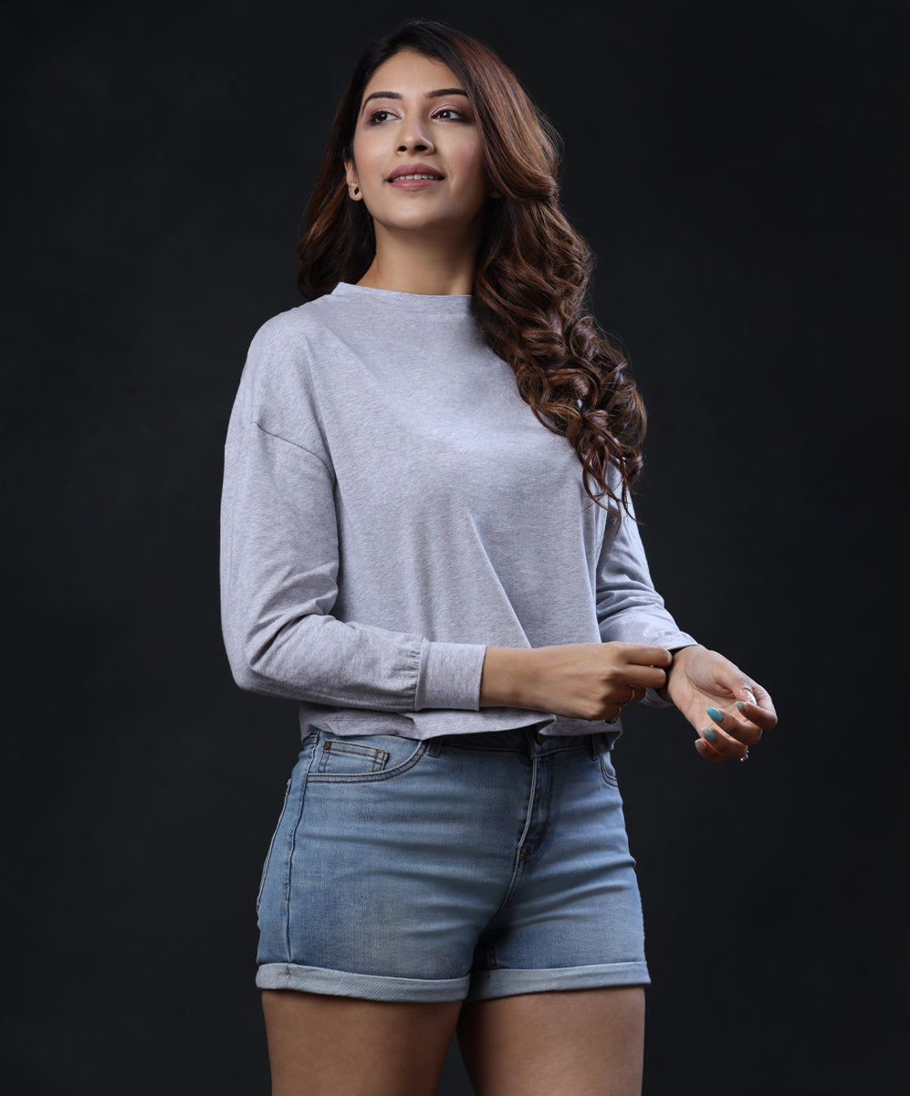 Long Sleeve High Neck Grey Crop Tshirt – Zigzag