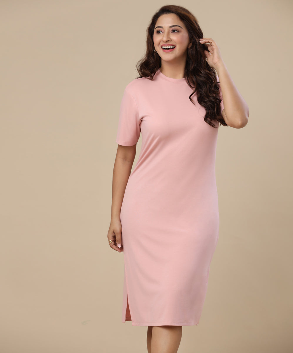 Side Slit Pink Midi Dress – Zigzag
