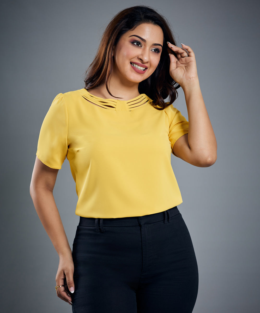Front Neck Detailed Chiffon Yellow Top – Zigzag