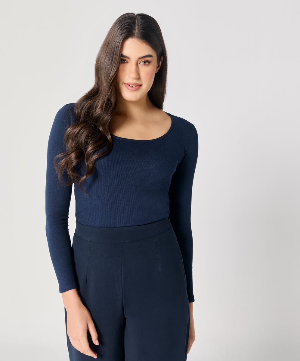 Long Sleeve Navy Blue Rib Top – Zigzag