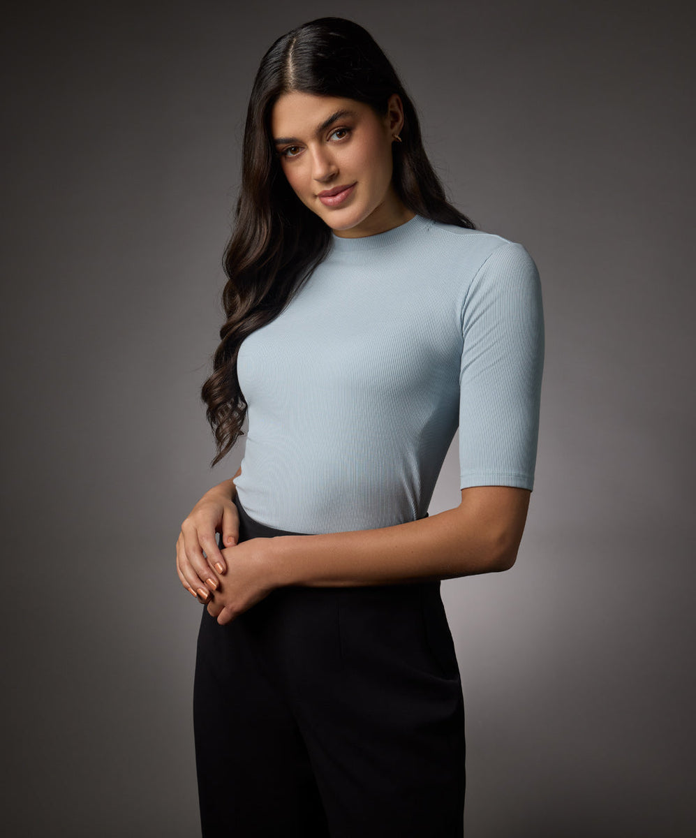 Short Sleeve High Neck Rib Top- Pale Blue – Zigzag