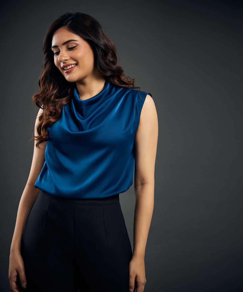 Blue Cowl High Neck Satin Top – Zigzag