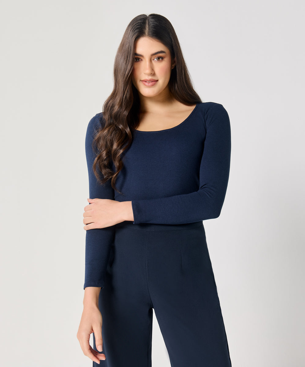 Long Sleeve Navy Blue Rib Top – Zigzag