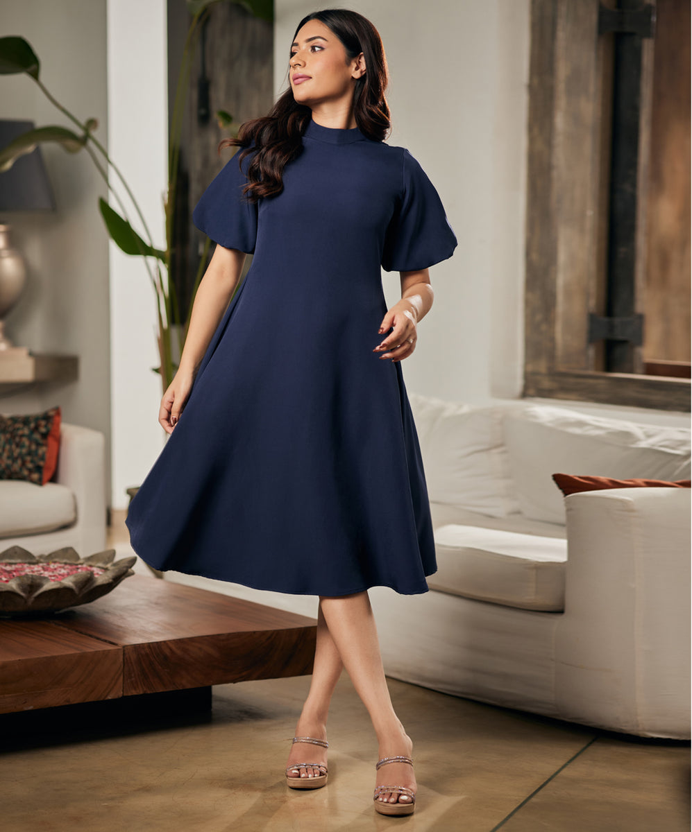 Balloon Sleeve High Neck Blue Dress – Zigzag