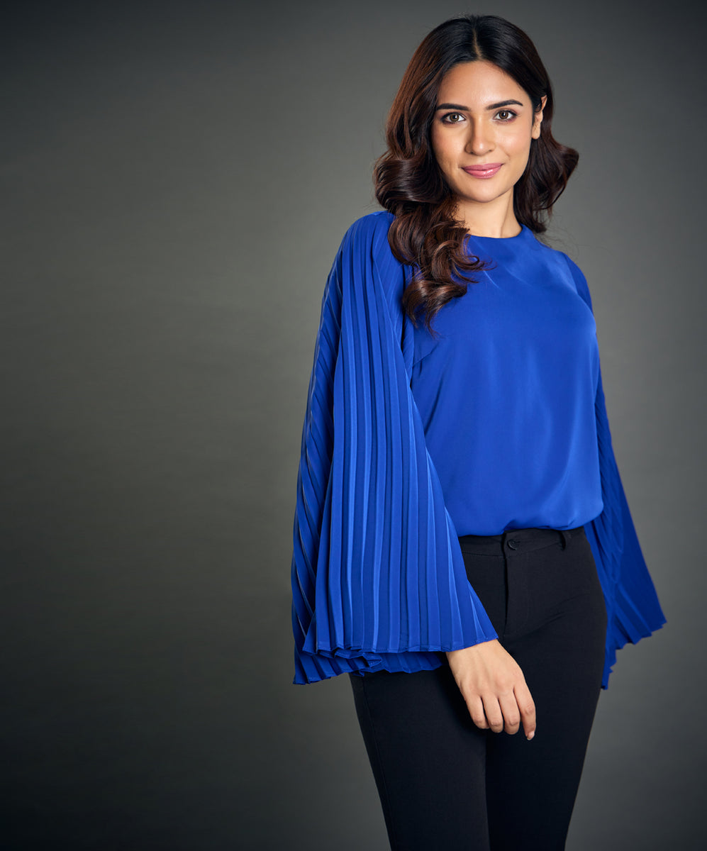 Sleeve Pleated Chiffon Royal Blue Top – Zigzag