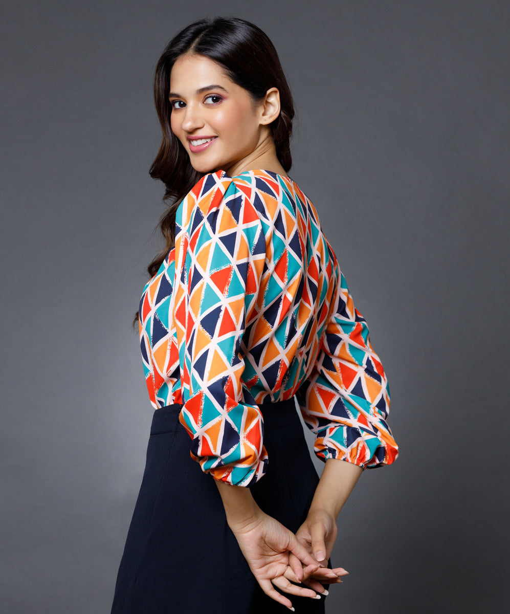 Colorful Vneck Puff Sleeve Chiffon Top – Zigzag