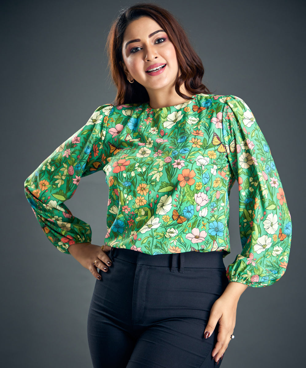 Green Floral Print Lantern Sleeve Blouse Zigzag
