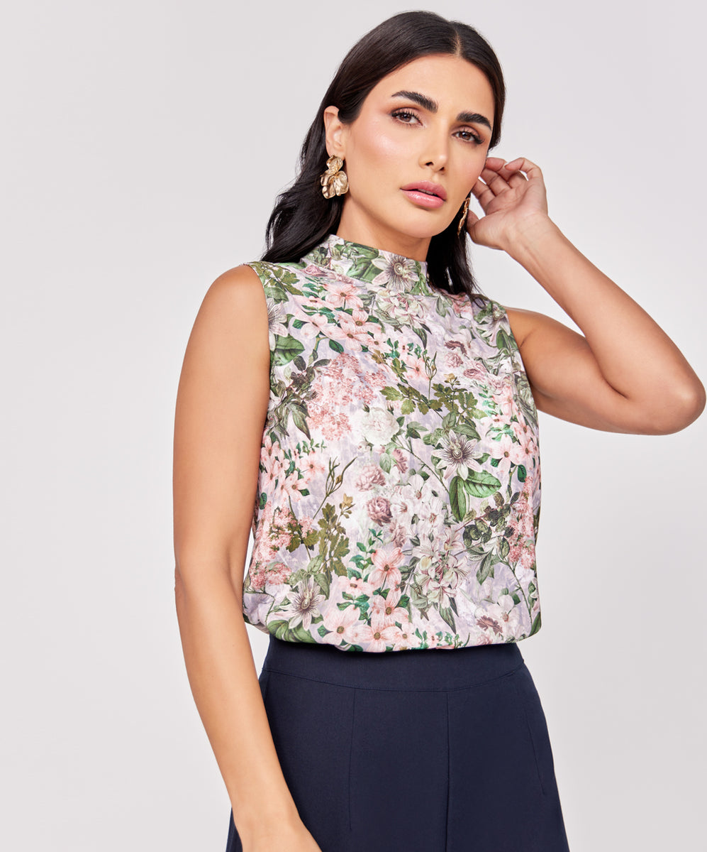 Sleeveless Vintage Printed Chiffon Top – Zigzag