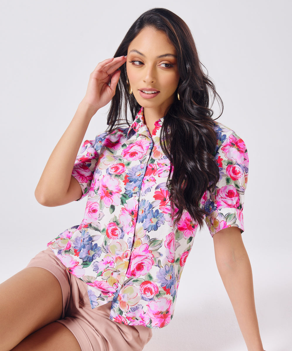 Short Sleeve Classic Collar Pink Printed Top – Zigzag