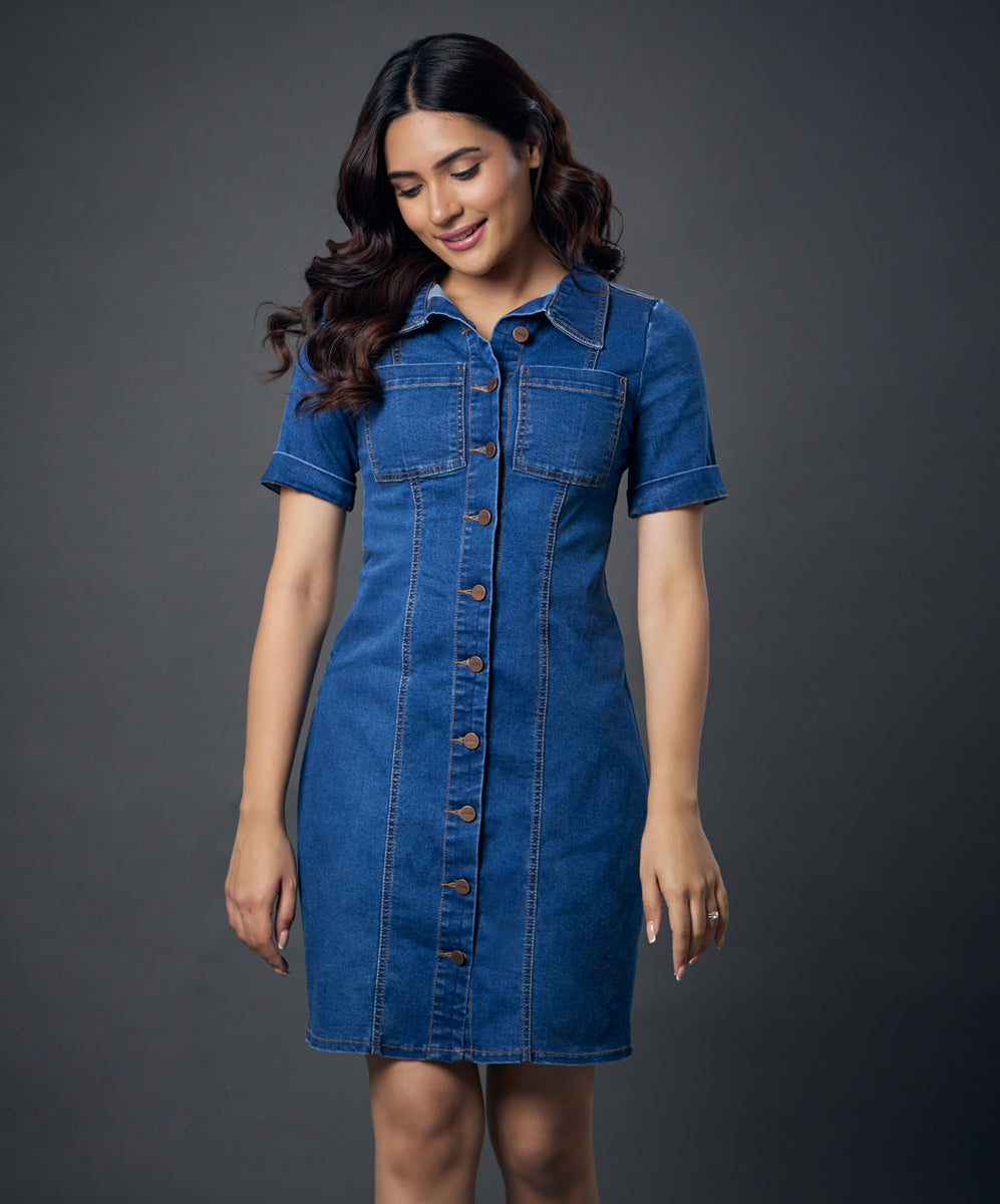 Classic Collared Front Buttoned Denim Dress – Zigzag