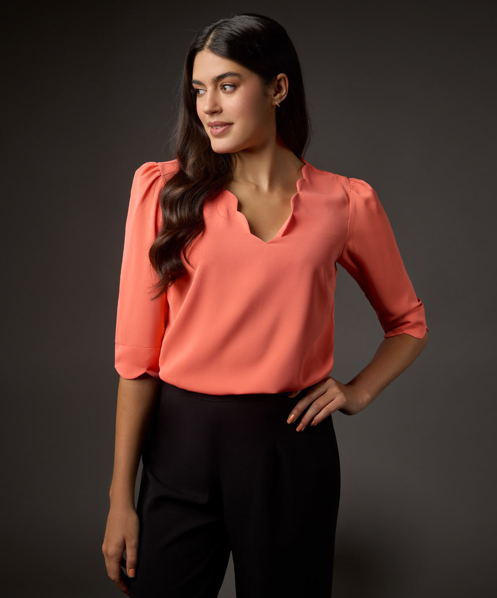 Long Sleeve Neck Scalloped Peach Top – Zigzag