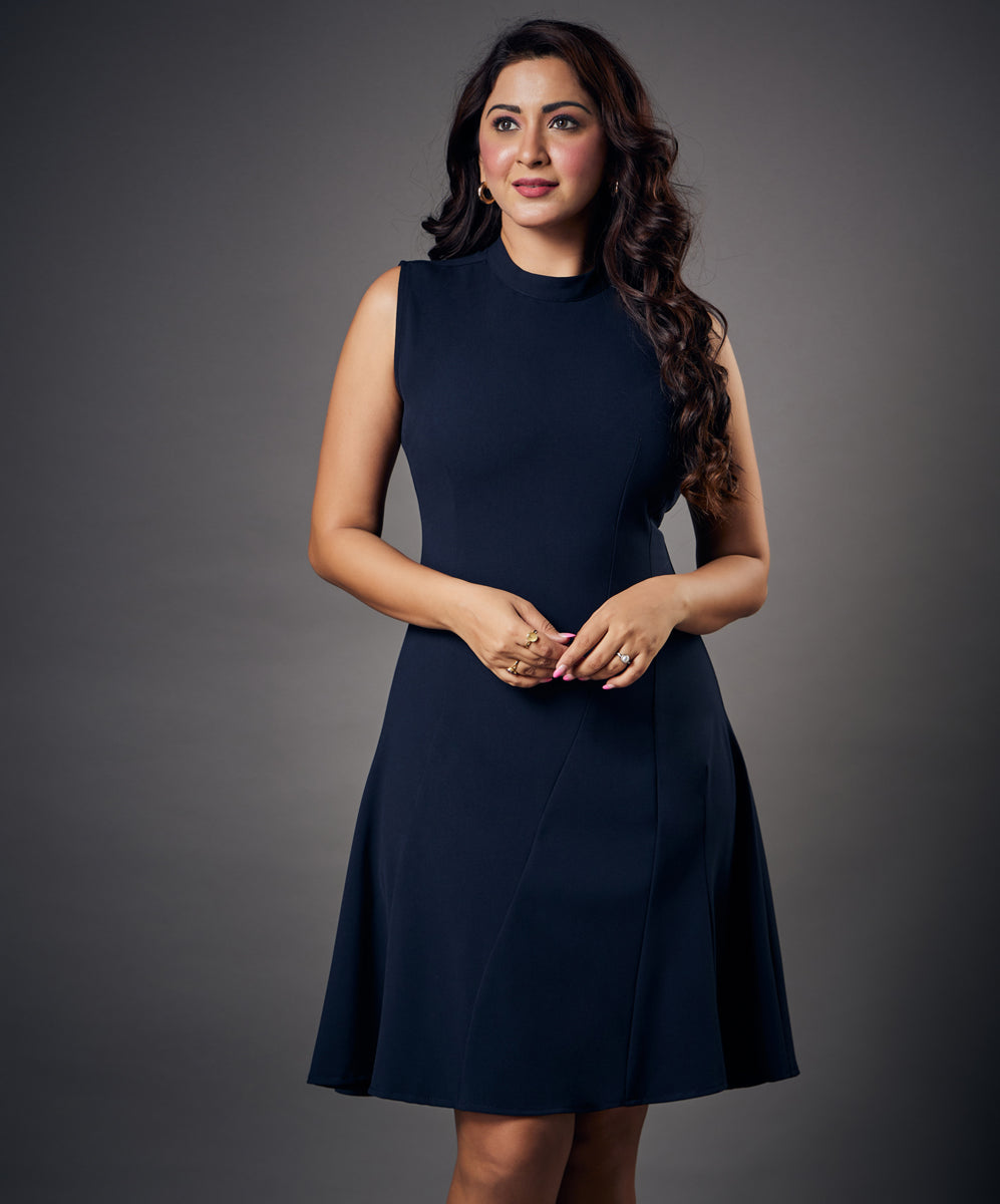 Slanted Panel Skater Navy Blue Dress – Zigzag