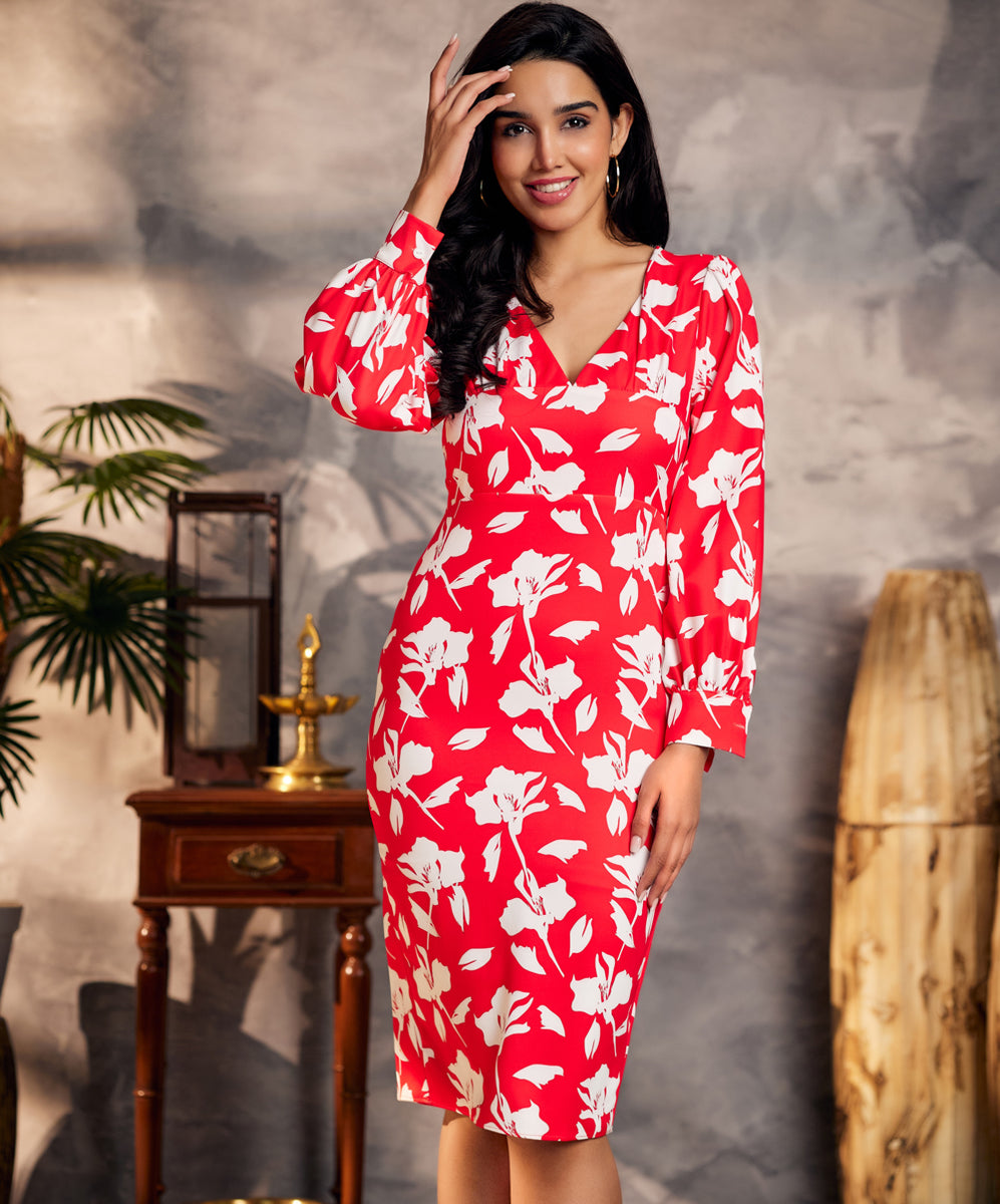 Floral Print Front Button Red Dress – Zigzag