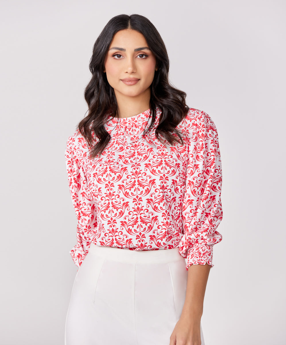 Sleeve Detailed Red Printed Chiffon Top – Zigzag