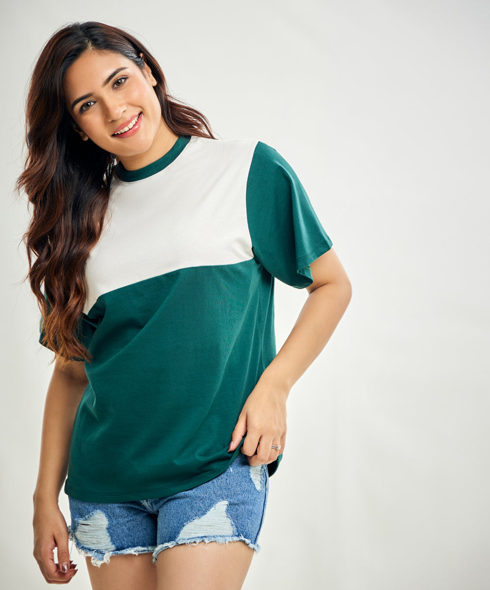 Square Contrast Detailed Crew Neck Oversized Tshirt – Zigzag