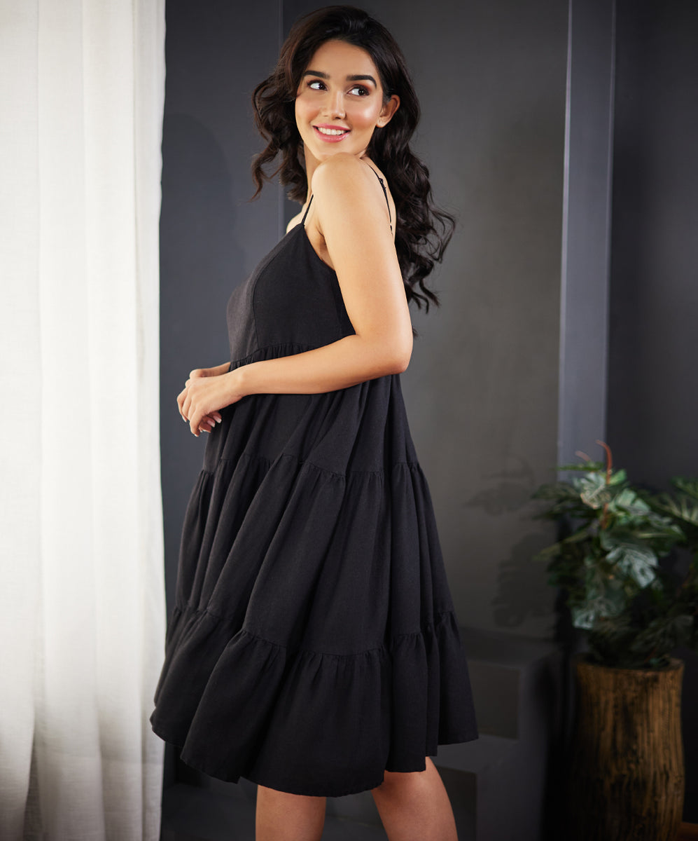 Gathered And Layered Strappy Linen Dress – Zigzag