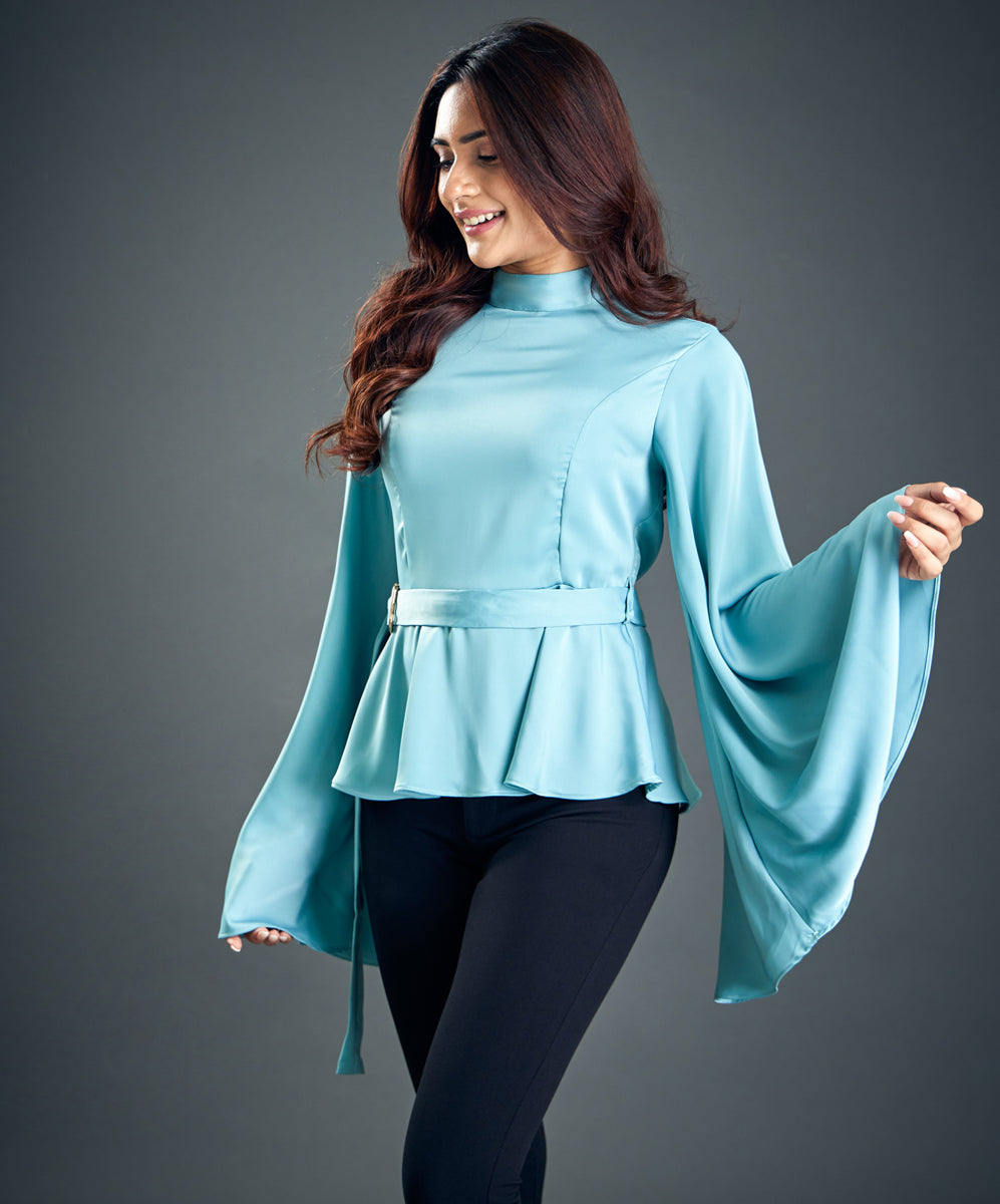 Trumpet Sleeve Light Blue Satin Blouse – Zigzag