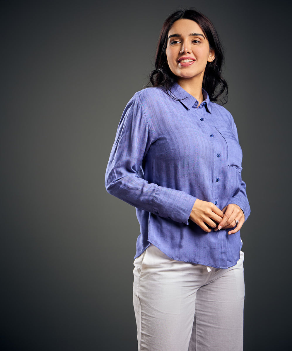 Solid Blue Long Sleeve Comfy Shirt – Zigzag