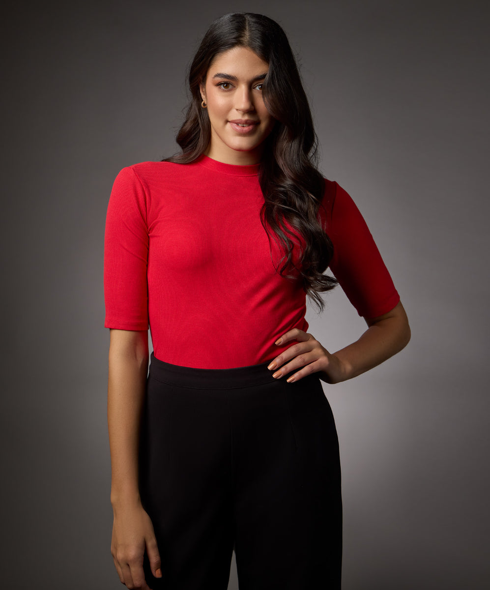 Short Sleeve High Neck Rib Top- Red – Zigzag