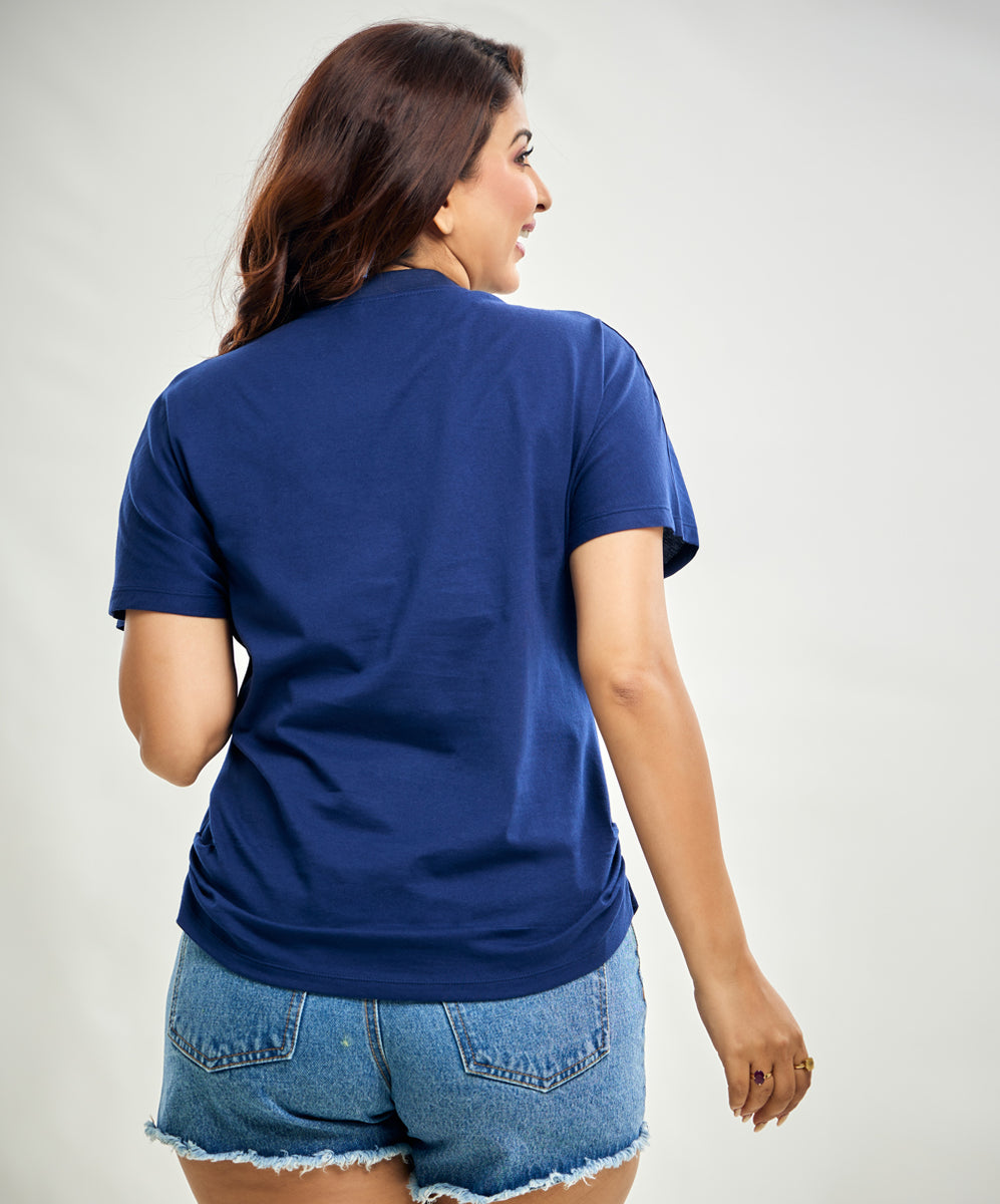 Side Gathered Crew Neck Tshirt- Navy Blue – Zigzag
