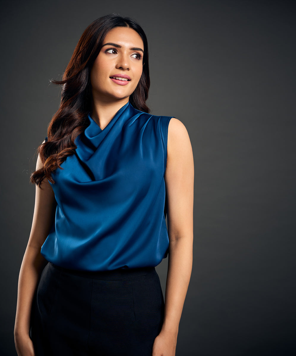 High Cowl Neck Blue Top – Zigzag