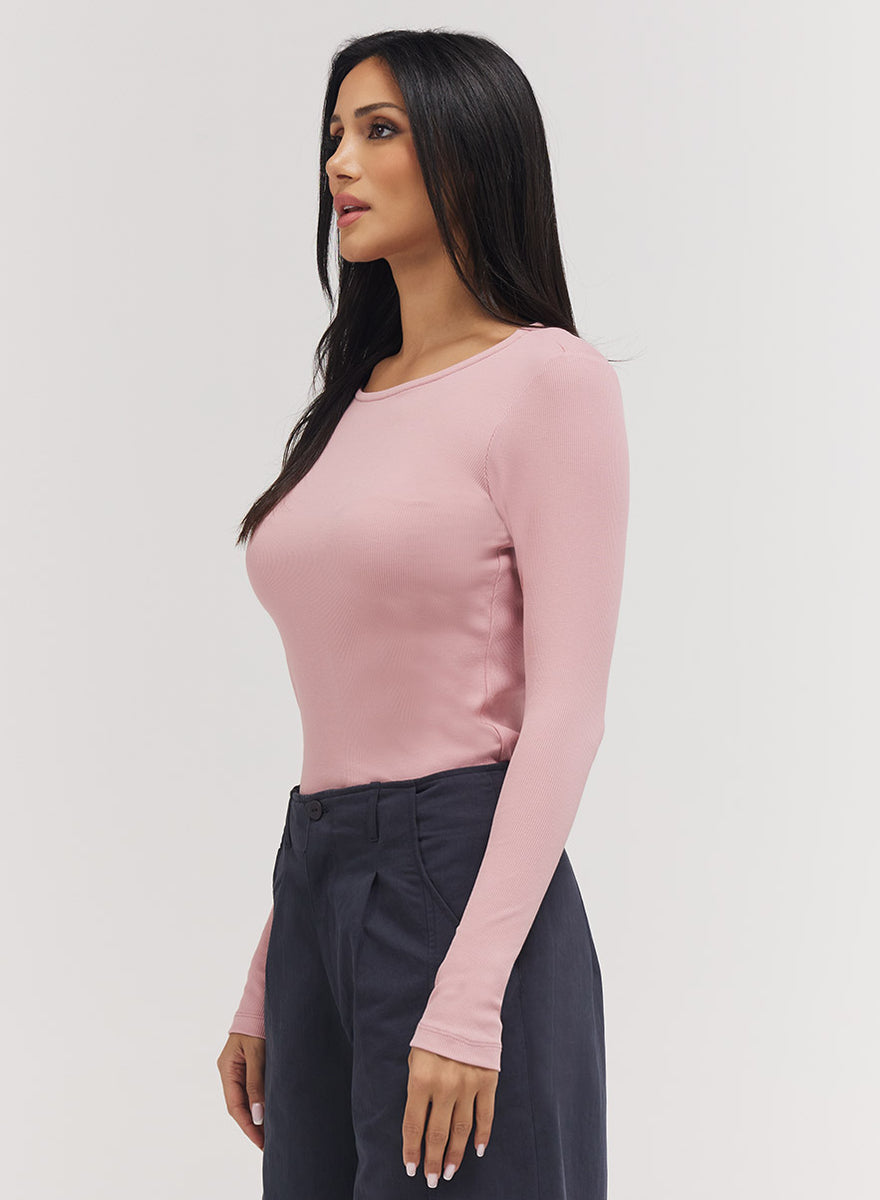 Rib Long Sleeve Top - Salmon Pink – Zigzag