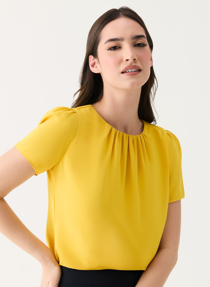 Yellow Short Sleeve Chiffon Neck Top – Zigzag
