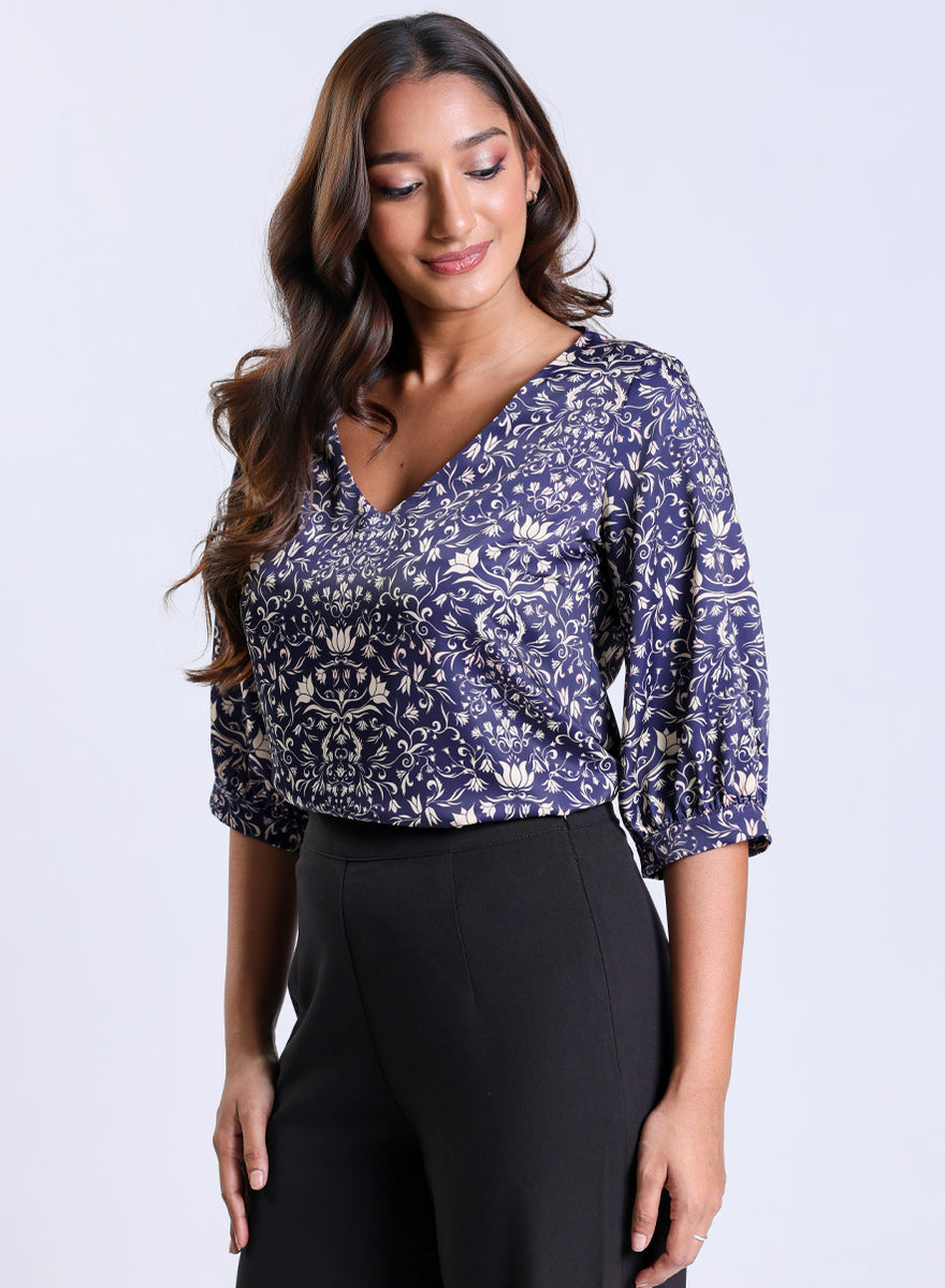 Printed Satin V Neck Blue Top – Zigzag