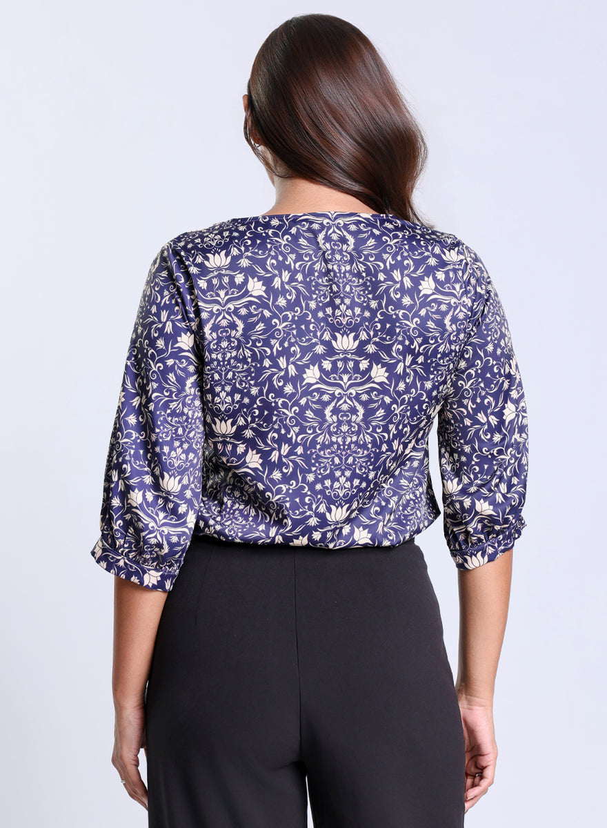 Printed Satin V Neck Blue Top – Zigzag