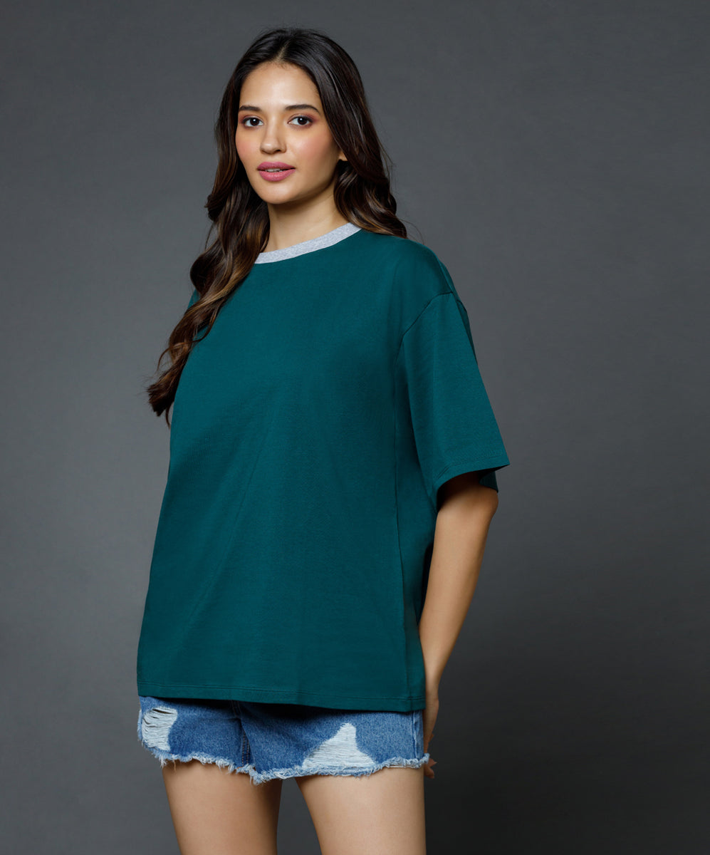 Mid Oversized Contrast Rib Green Tshirt – Zigzag