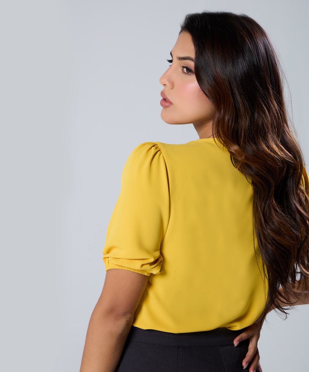 Vneck Pleated Yellow Half Sleeve Top – Zigzag
