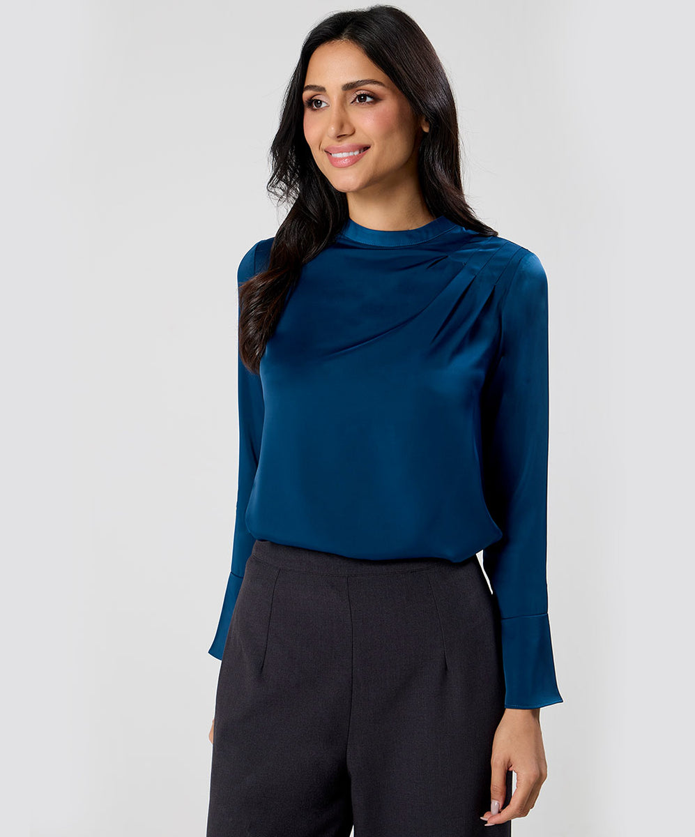 Side Pleated Long Sleeve Satin Top – Zigzag