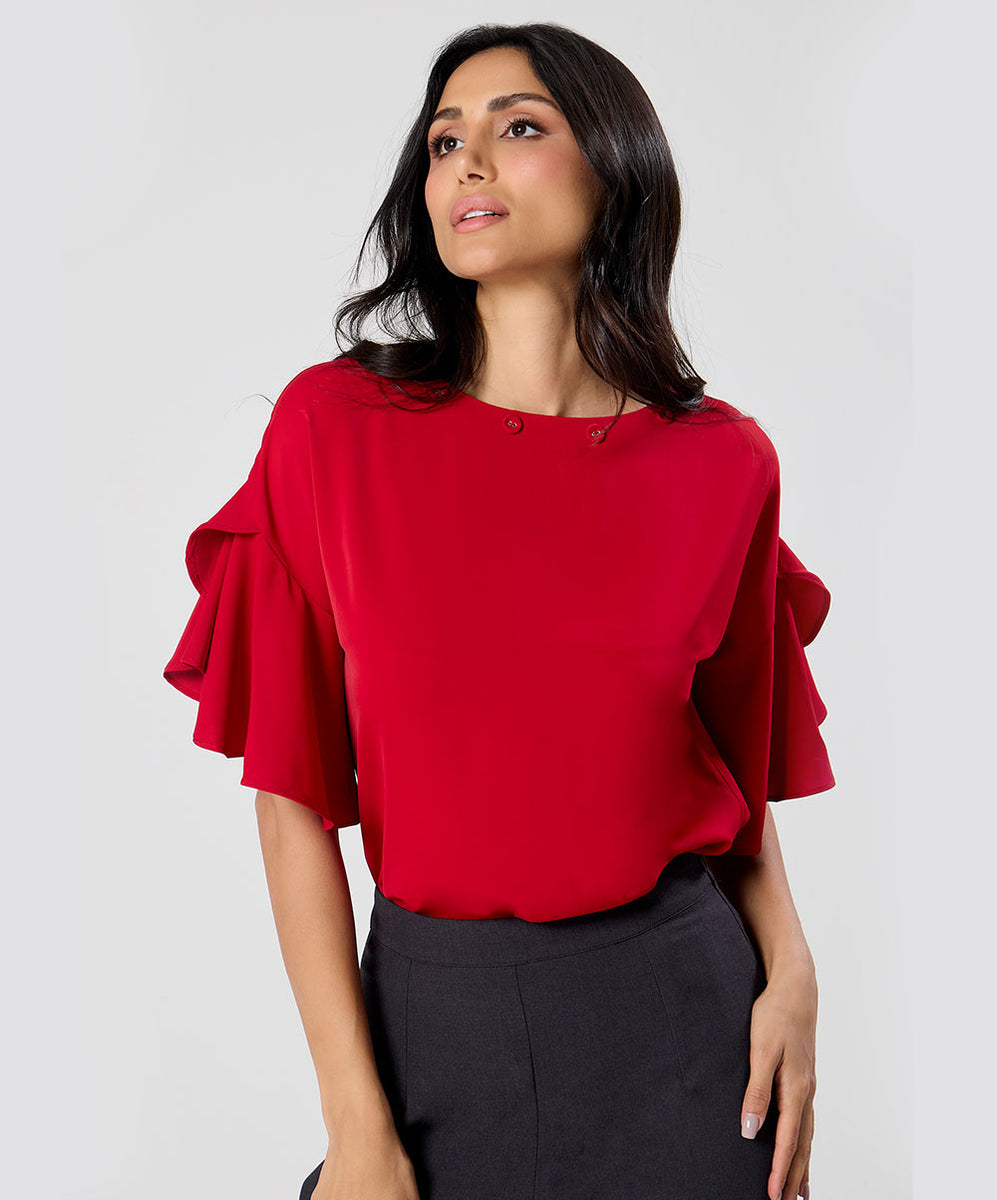 Flared Sleeve Chiffon Top-Red – Zigzag