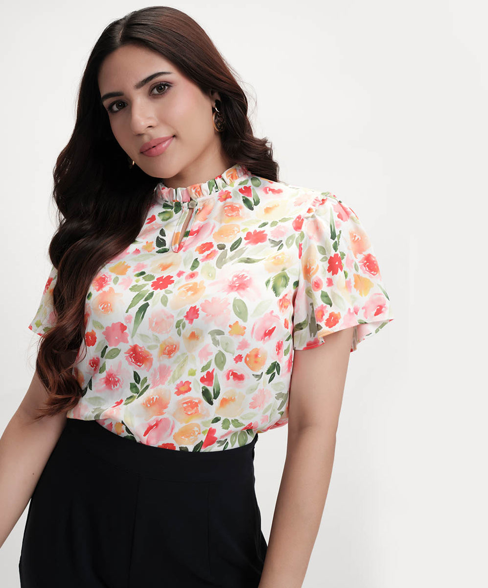 Sleeve Flared Printed Satin Top – Zigzag
