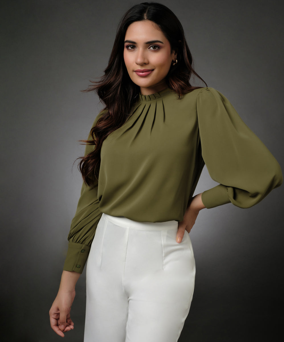 Neck Pleated Light Green Top With A Sleeve Cuff – Zigzag