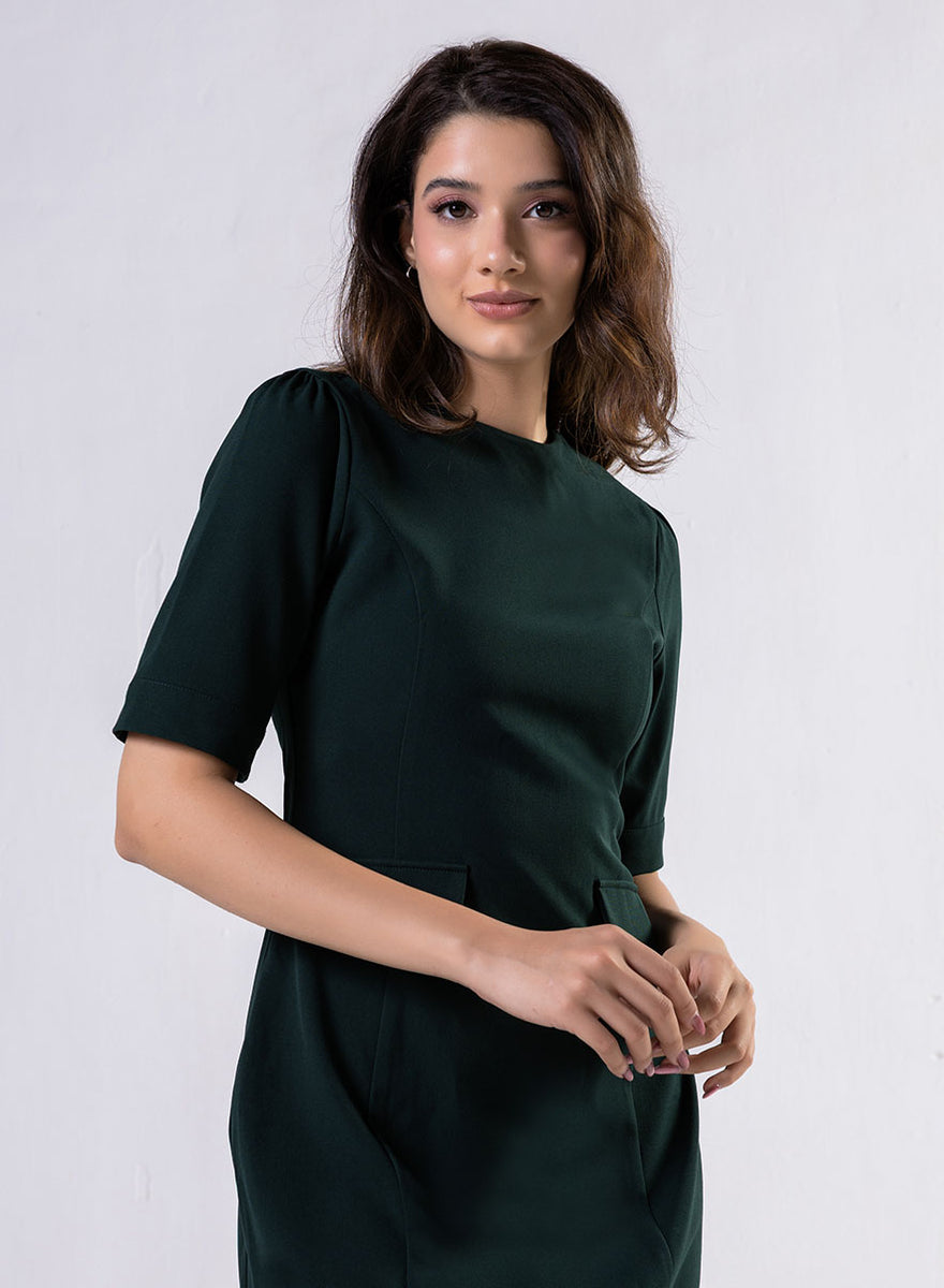 Round Neck Shift Dress With Flaps-Dark Green – Zigzag