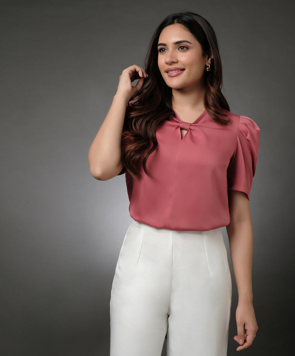 Bow Attached Sleeve Gathered Pink Satin Top – Zigzag