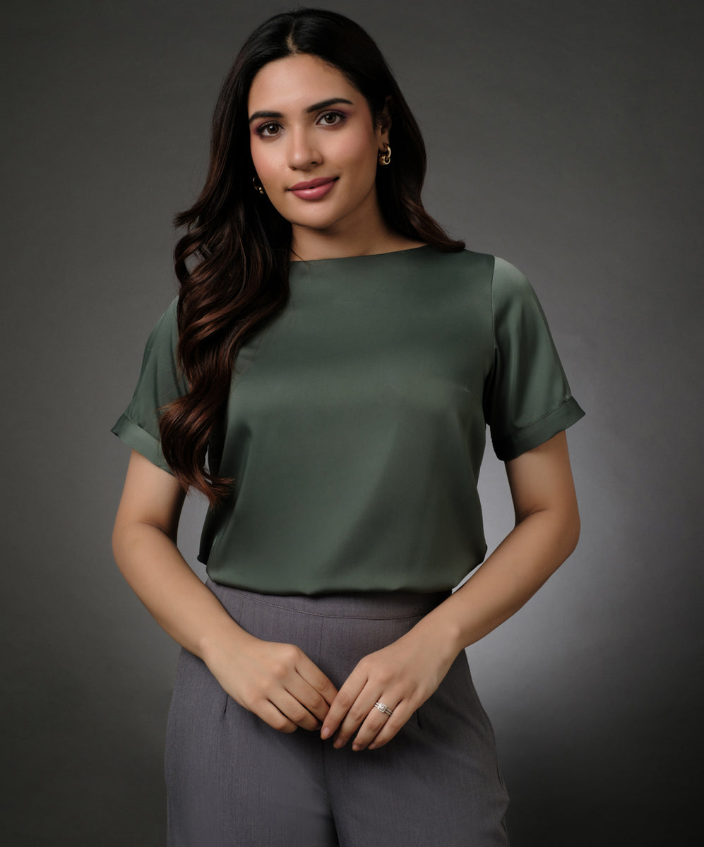 Short Sleeve Satin Green Top – Zigzag