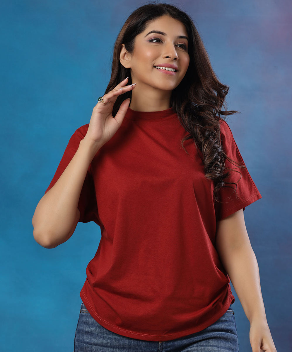 Side Gathered Crew Neck Brown Tshirt – Zigzag