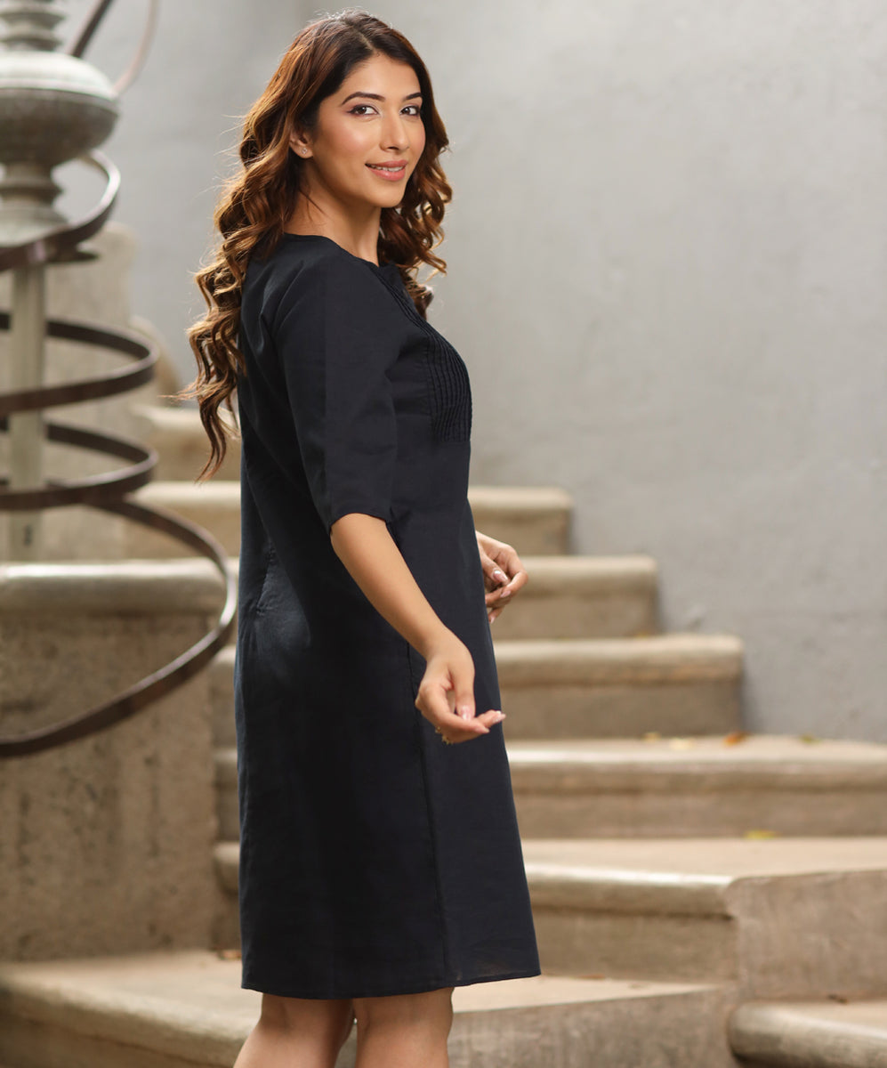 Pintuck Linen Shift Navy Dress – Zigzag