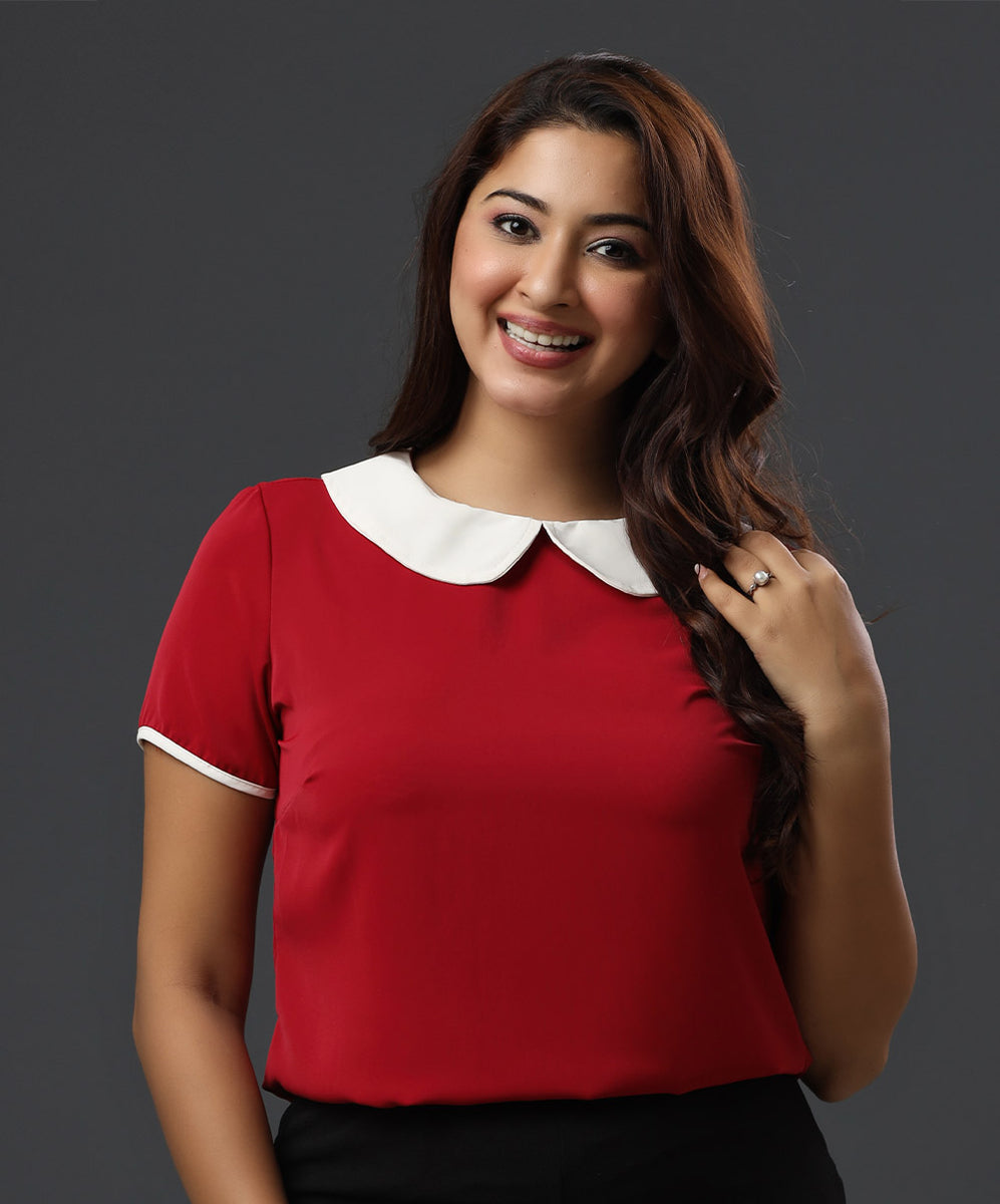 Contrast Peter Pan Collared Red Top – Zigzag