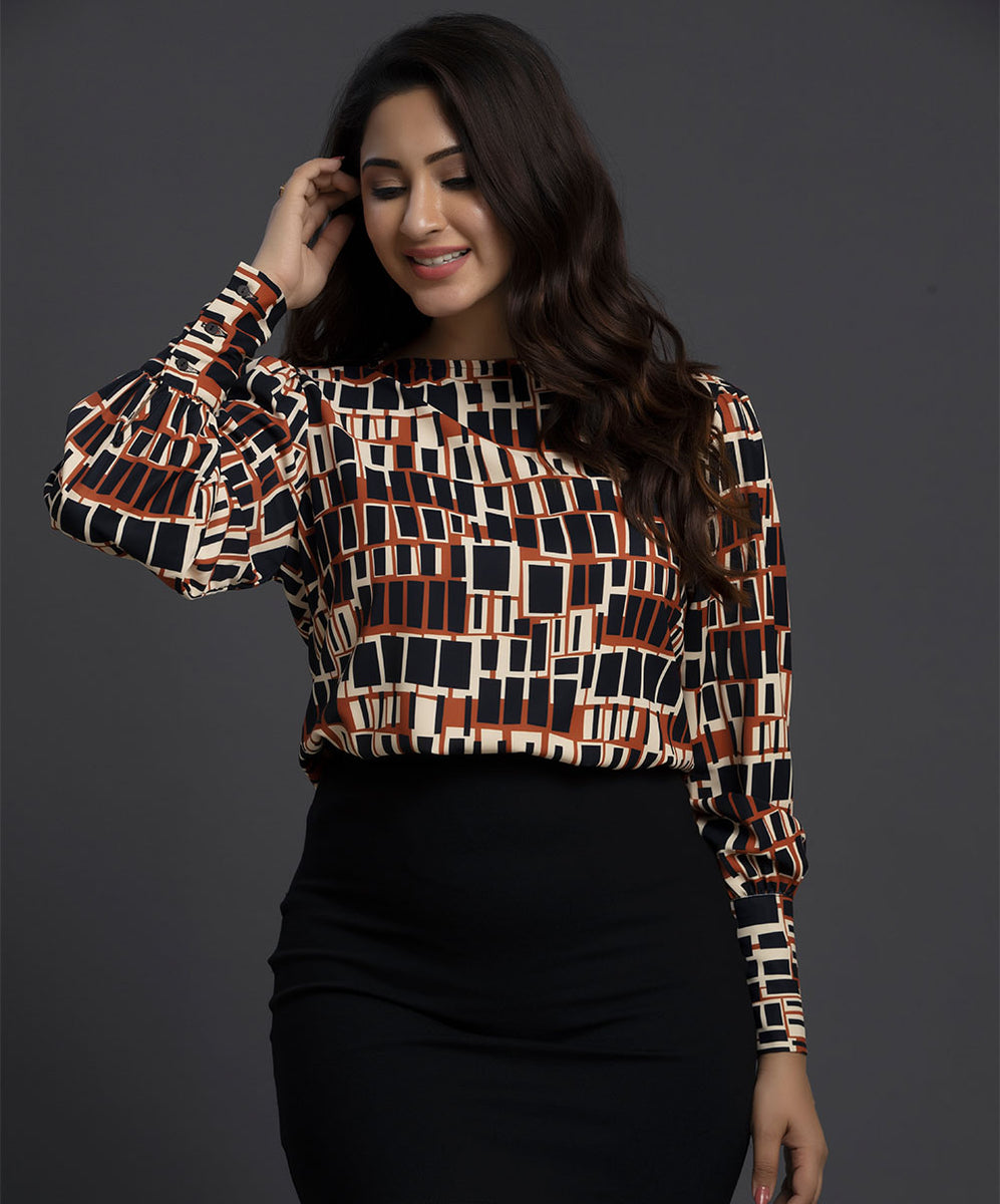 Geo Print Lantern Sleeve Blouse – Zigzag