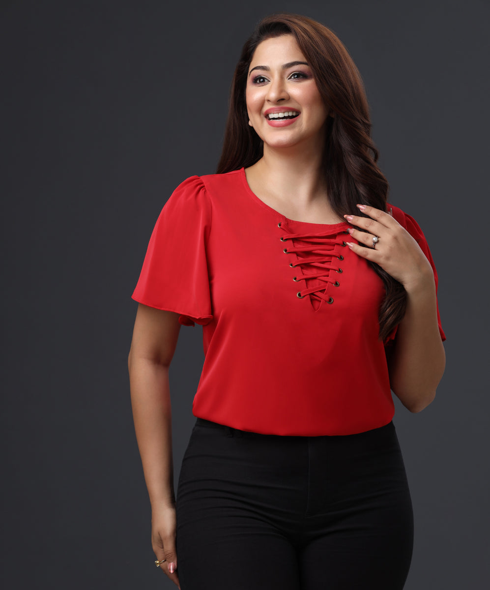 Front Criss Cross Chiffon Red Top – Zigzag