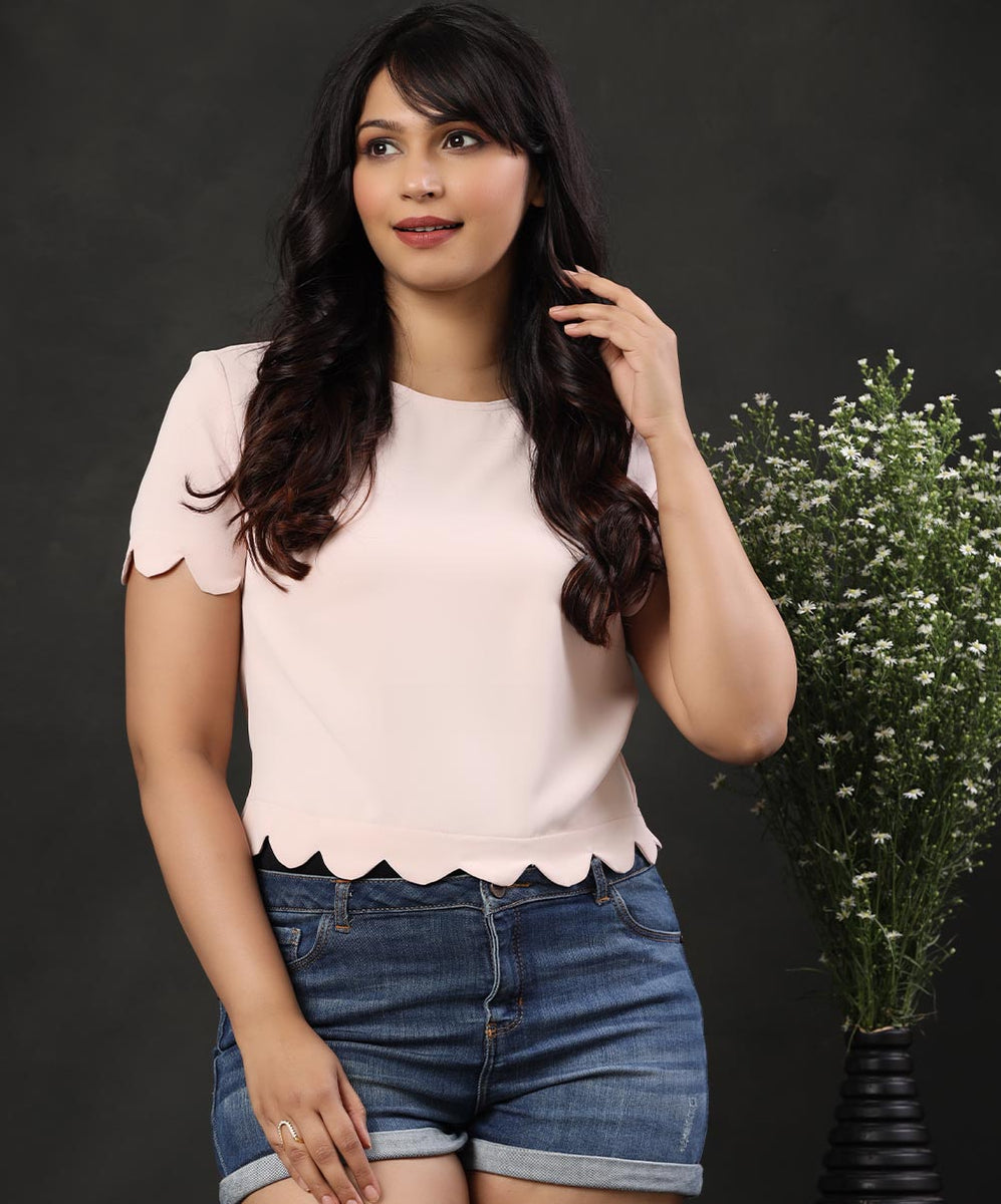 Scallop Trim Keyhole Back Beige Blouse – Zigzag