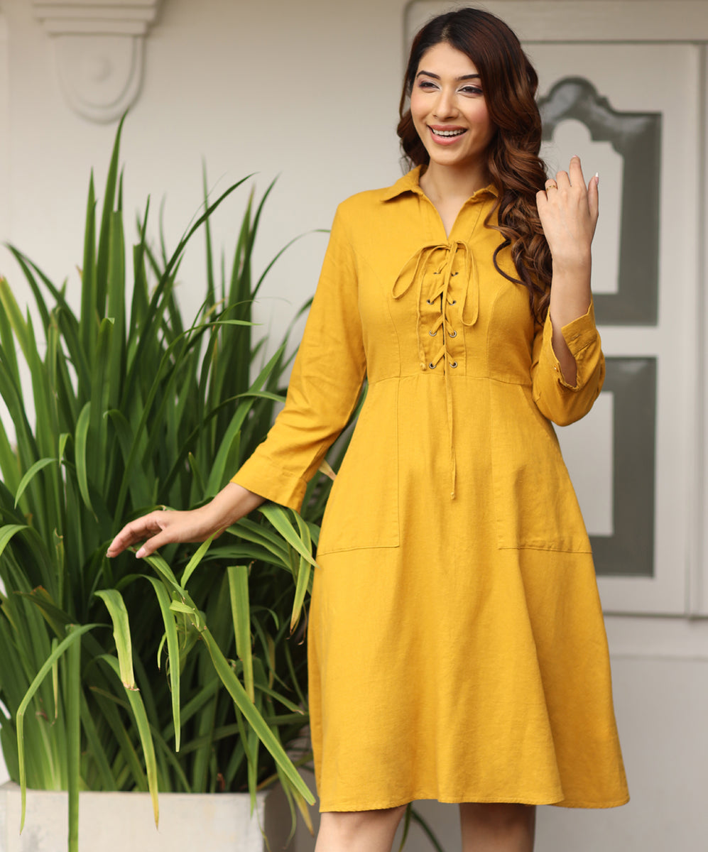 Eyelet Detailed Collared Linen Mustard Dress – Zigzag