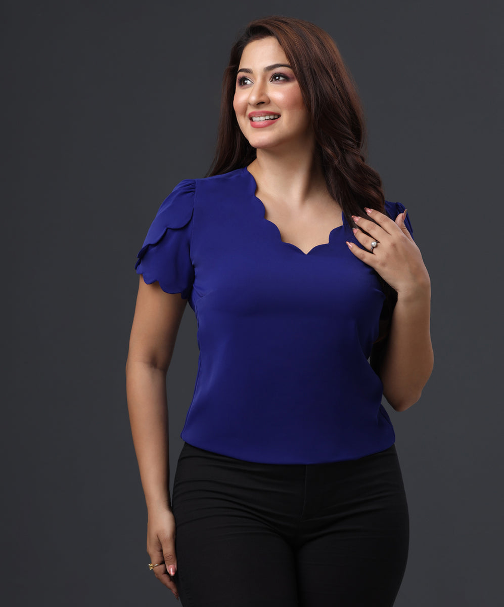 Scalloped Detailed Royal Blue Chiffon Top – Zigzag