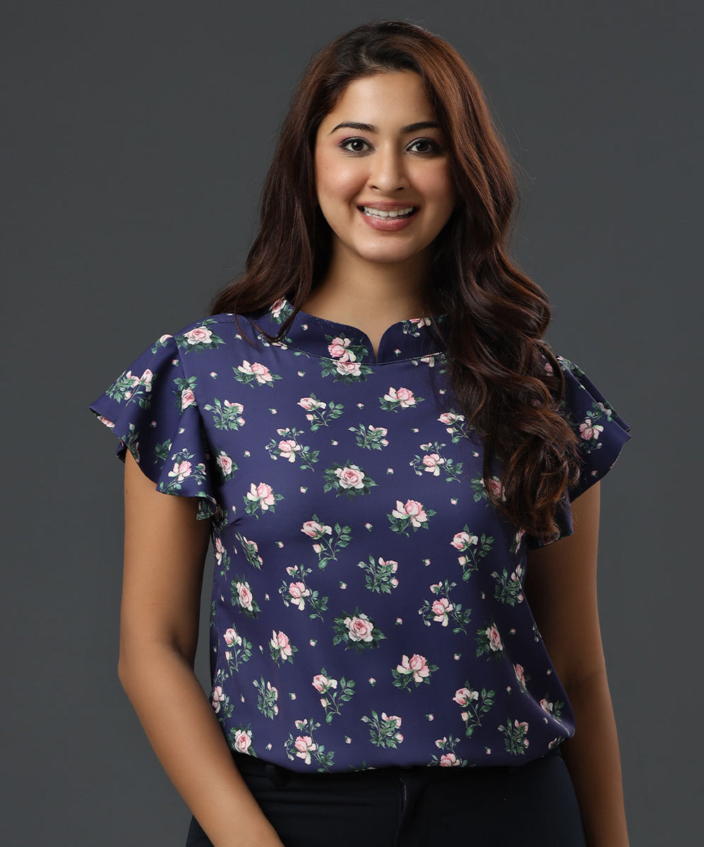 Neck Detailed Sleeve Frilled Printed Top – Zigzag