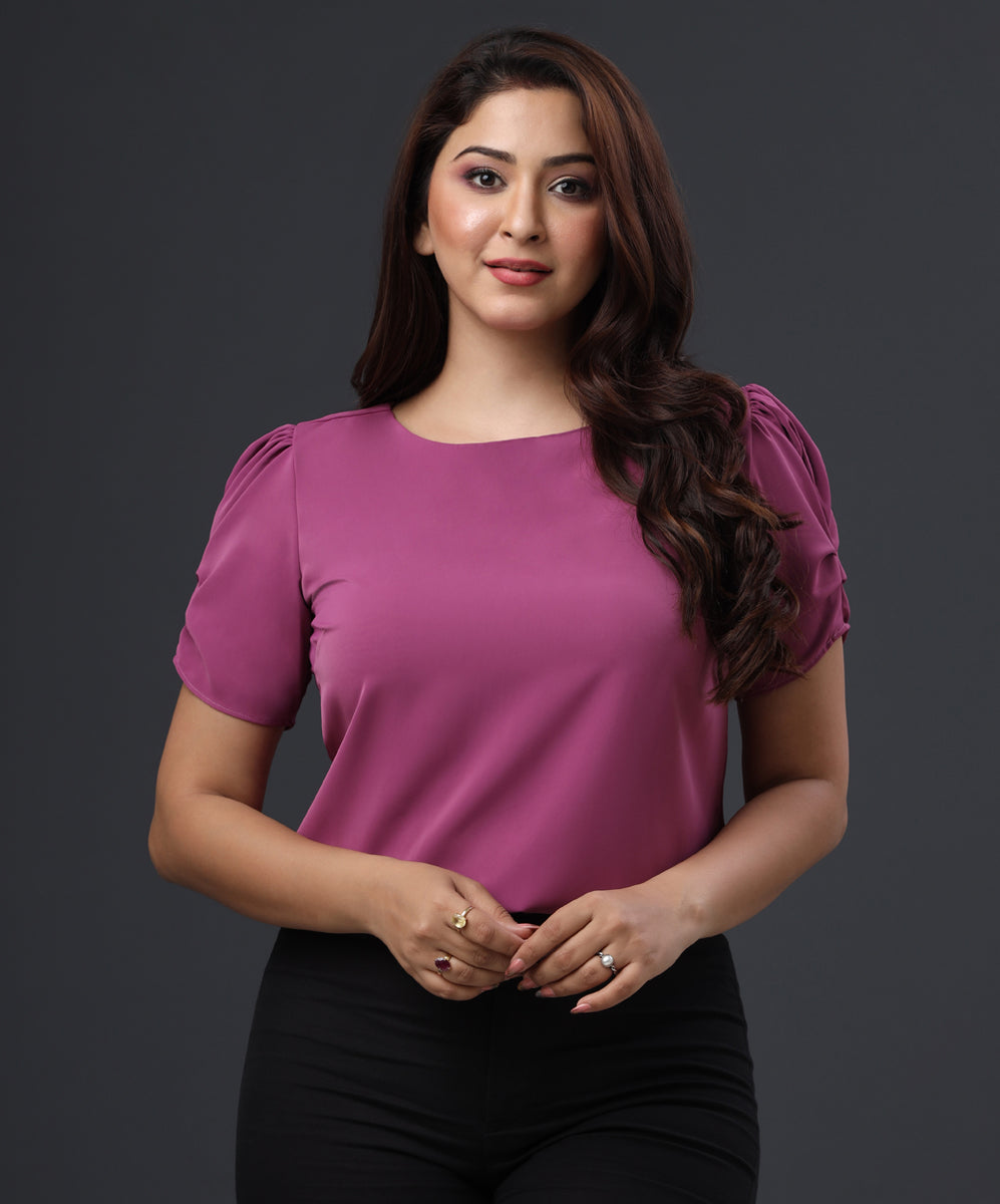 Puffed Sleeve Crew Neck Plum Top – Zigzag
